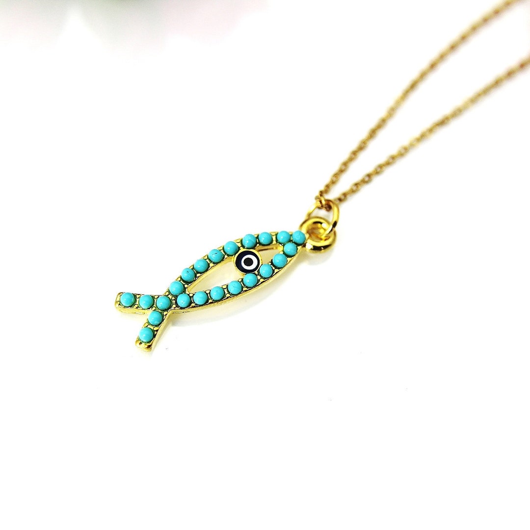 Gold Jesus Fish Charm Necklace, Gold Ichthus Christian Fish Charm, Evil ...