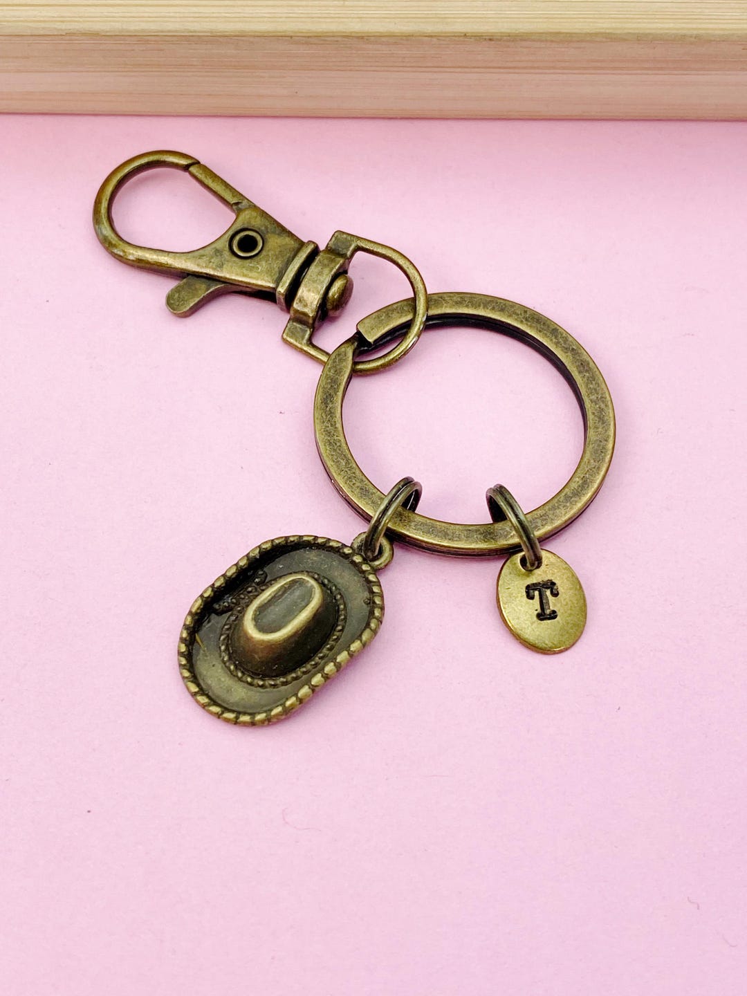 Cowboy Hat Keychain, Personalized Initial Charm, Bronze Western Jewelry ...