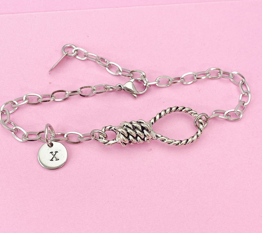 Silver Lasso Knot Charm Bracelet, Initial Charm, Stainless Steel Chain ...