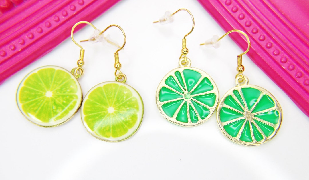 Gold Green Lime Charm Earrings, Beautiful Lemon Slice Earrings, Fruit ...