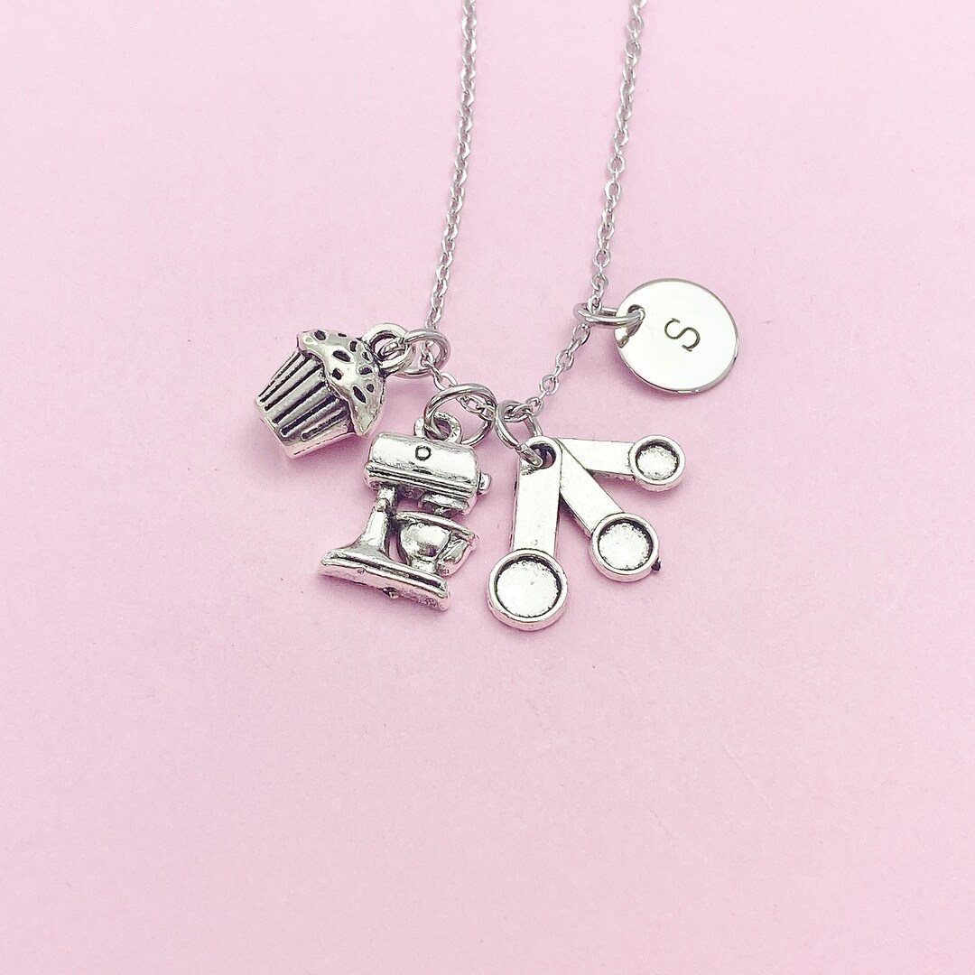 Silver Baker Necklace, Kitchen Mixer Measuring Cup Cupcake Muffin Charm ...