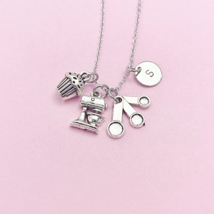 Silver Baker Necklace, Kitchen Mixer Measuring Cup Cupcake Muffin Charm ...