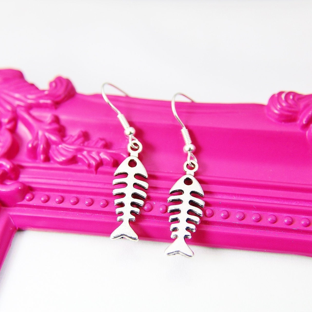 Silver Fishbone Charm Dangle Earrings Fish Bone Earrings | Etsy