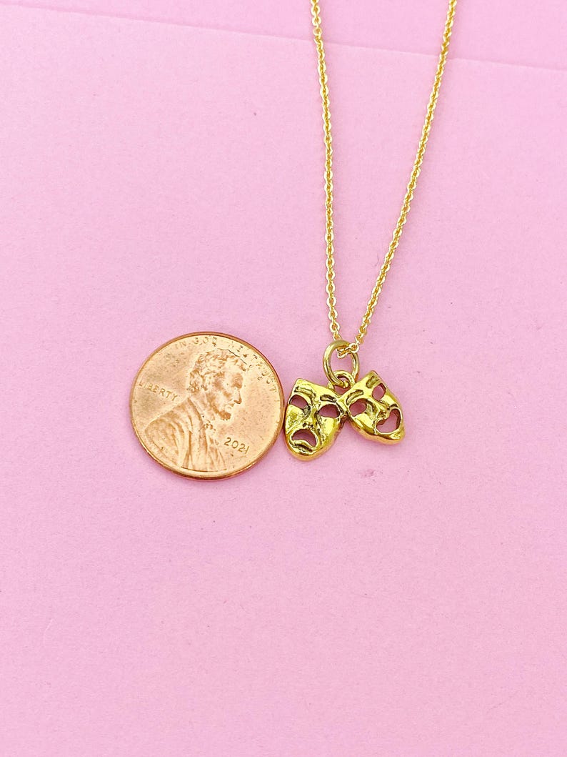 Gold Theater Mask Charm Necklace, Drama Necklace, Drama Comedy Charm ...