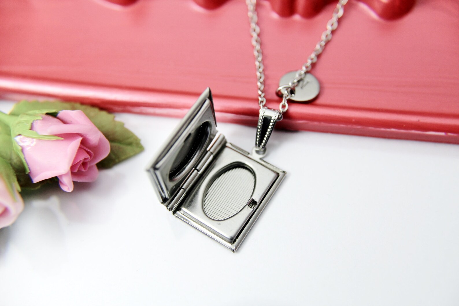 Silver Book Locket Charm Necklace Stainless Steel Chain - Etsy
