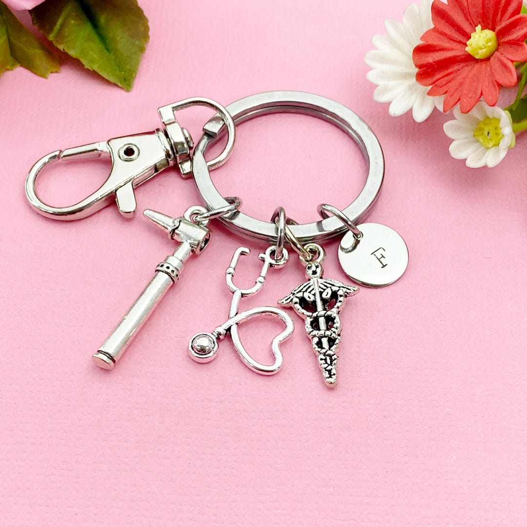 Silver Otoscope Stethoscope Caduceus Charm Keychain, Audiology Medical ...