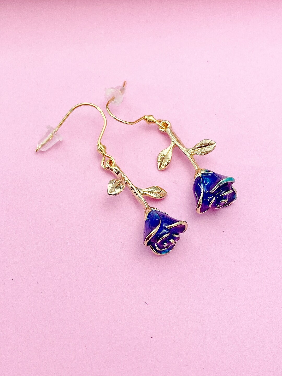 Gold Blue Rose Earrings, N3108 - Etsy