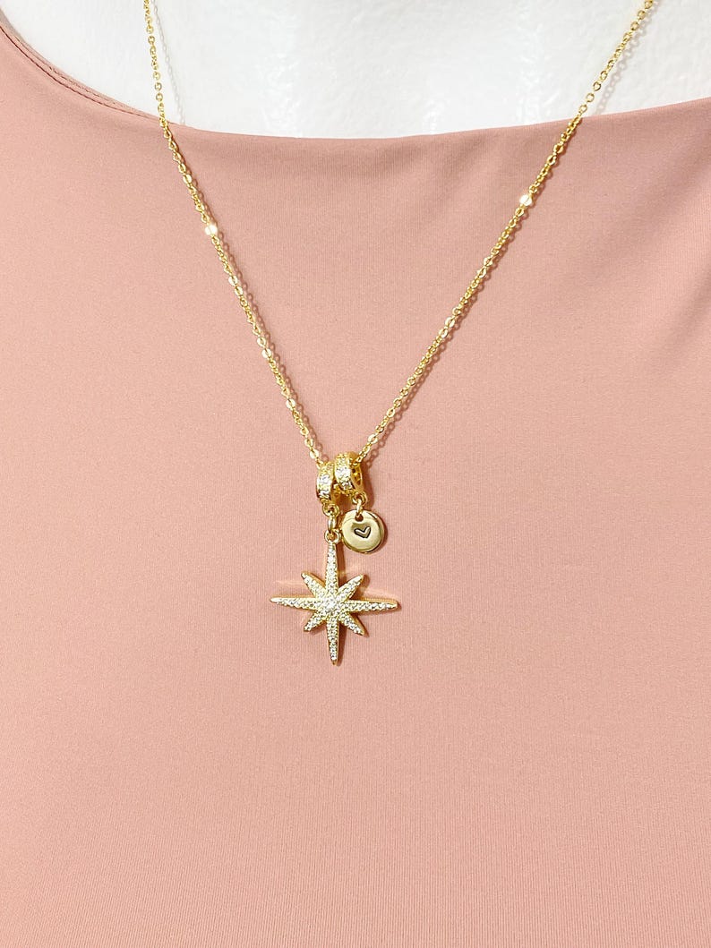 Gold Northstar Necklace With Cubic Zirconia Bail and Initial Pendant ...
