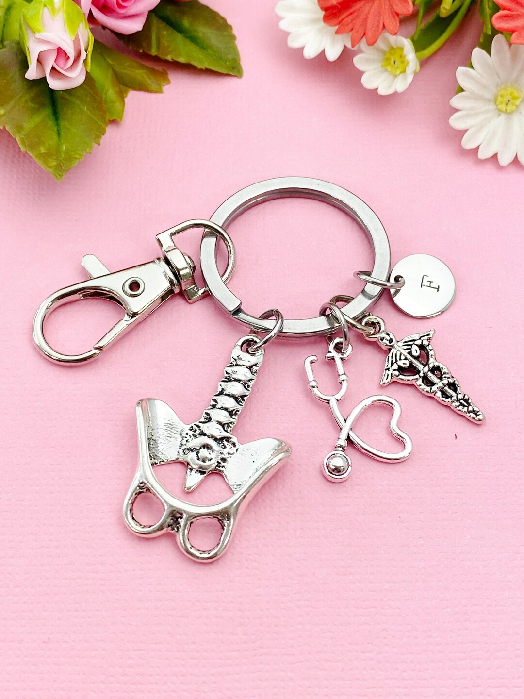 Silver Anatomy Pelvis Bone Stethoscope Caduceus Charm Keychain ...