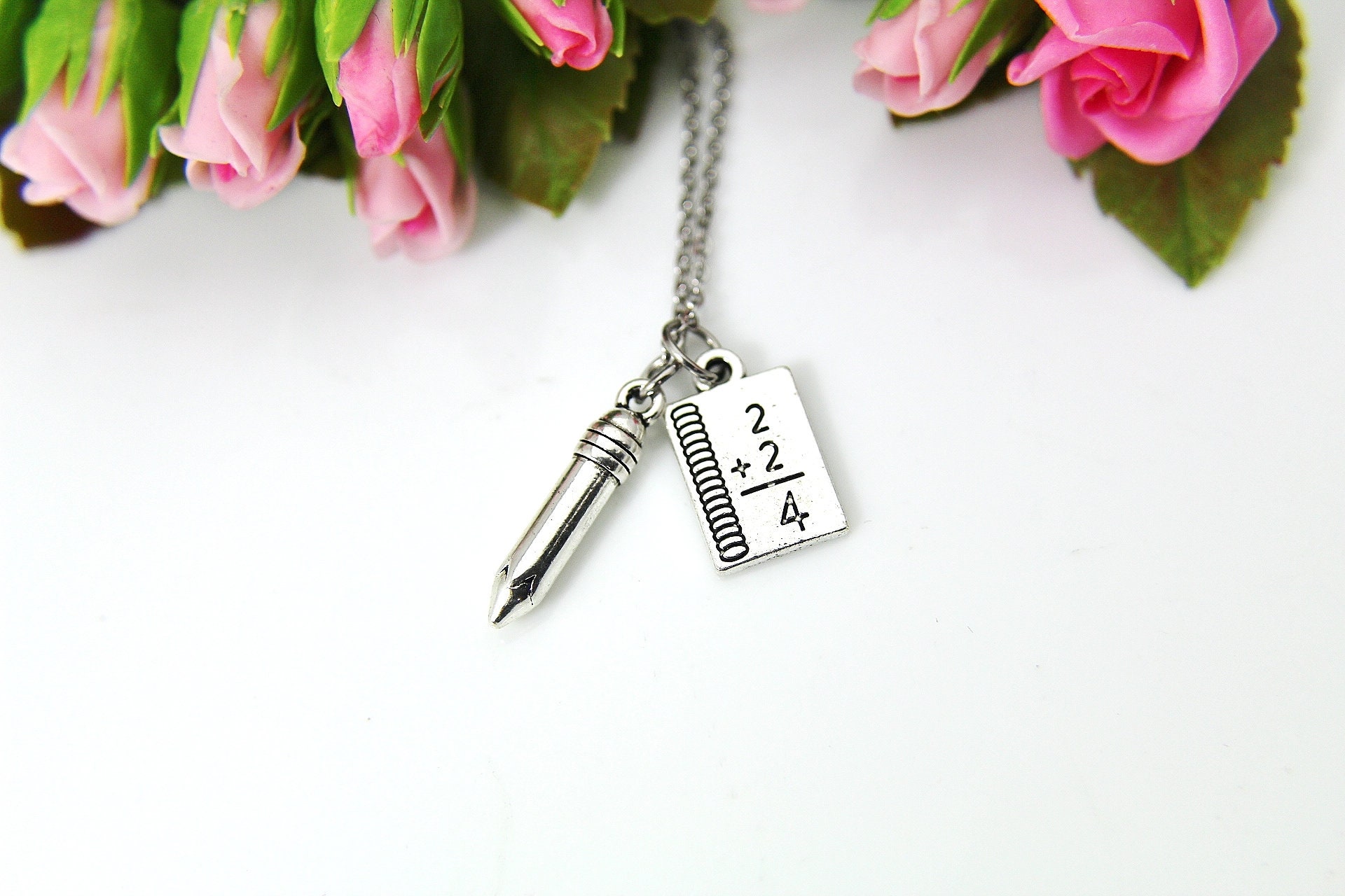 Math Necklace Silver Math Charm Pencil Charm Match Teacher - Etsy UK