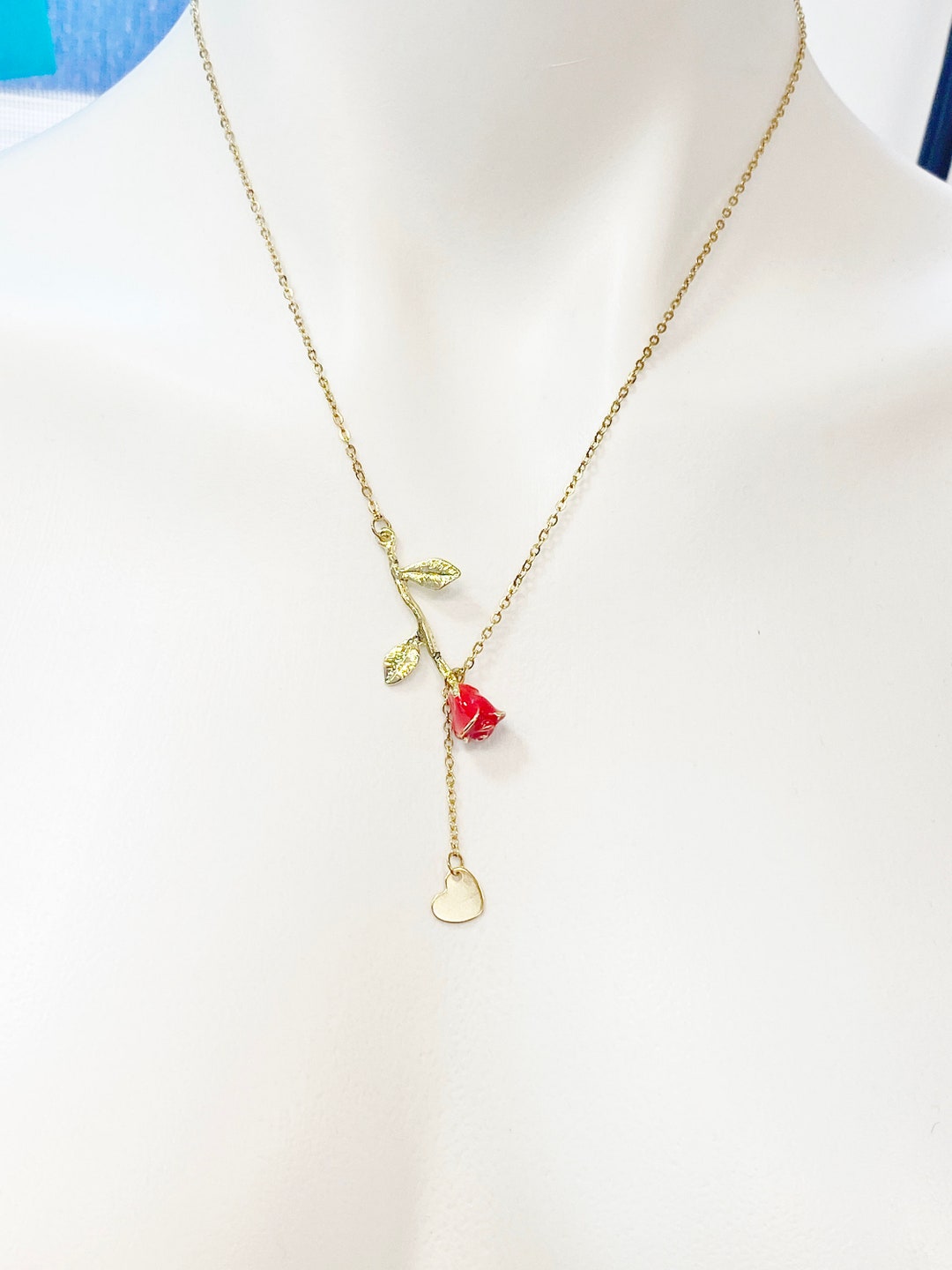 Gold Red Rose Flower and Heart Charm Necklace, N2705 - Etsy