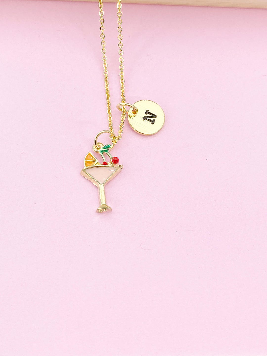 Gold Cocktail Charm Necklace, Initial Pendant - Etsy