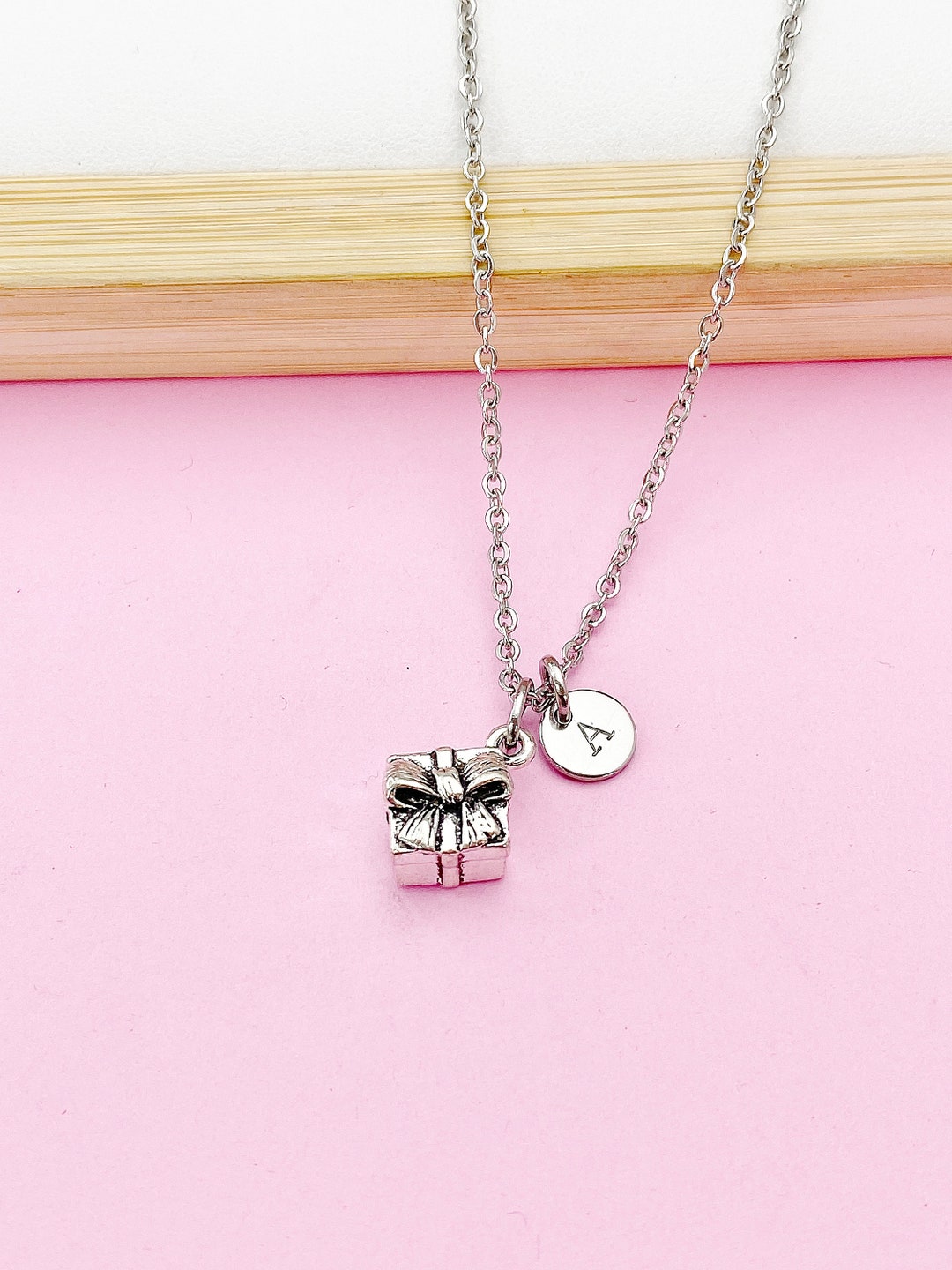 Silver Present Gift Box Charm Necklace, Present Gift Box Jewelry Gift ...