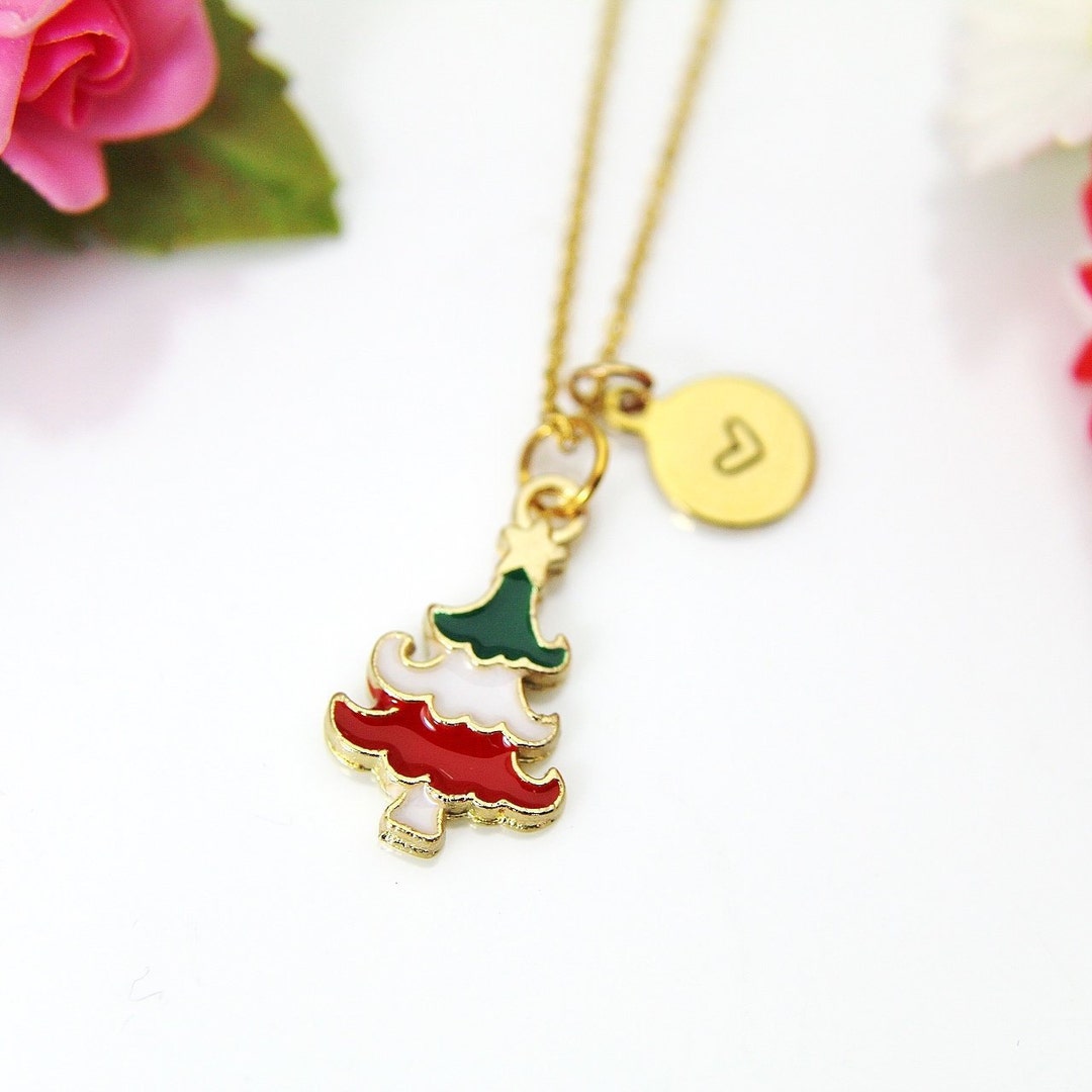 Gold Christmas Tree Charm Necklace, Christmas Tree Charm, Red Green ...