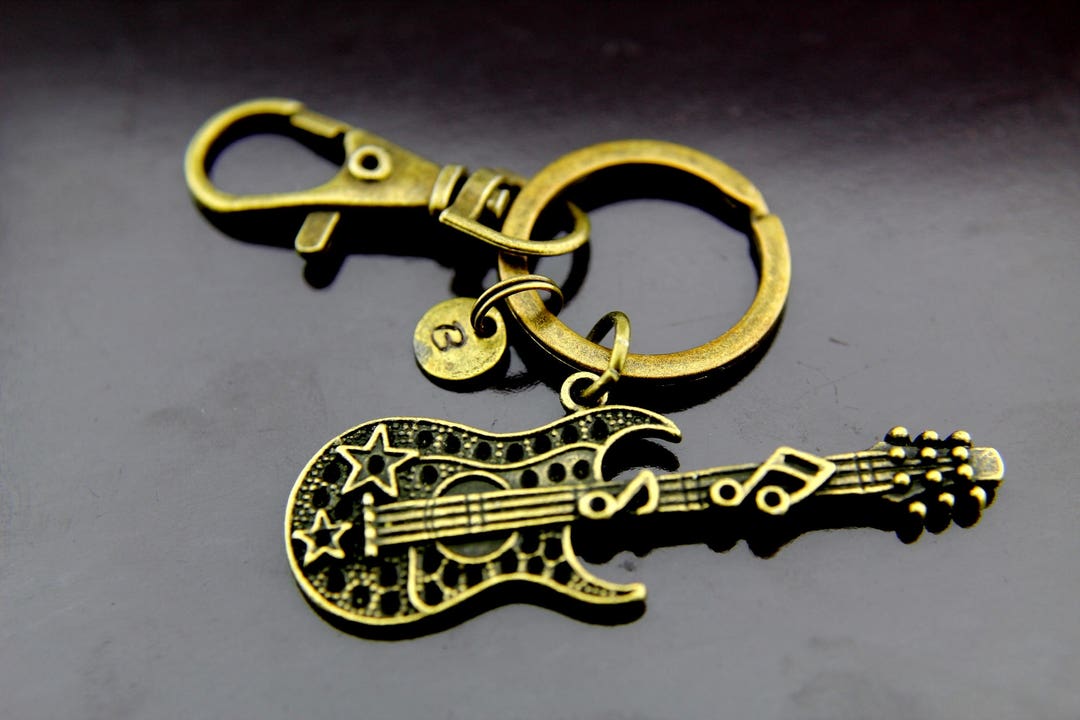 Music Gift, Musician Keychain, Bronze Bass Guitar Charm Keychain ...