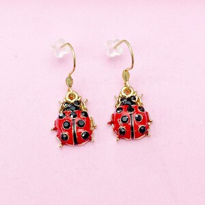 Gold Red Ladybug Earrings, Cute Red Black Ladybug Insect Dangle or ...