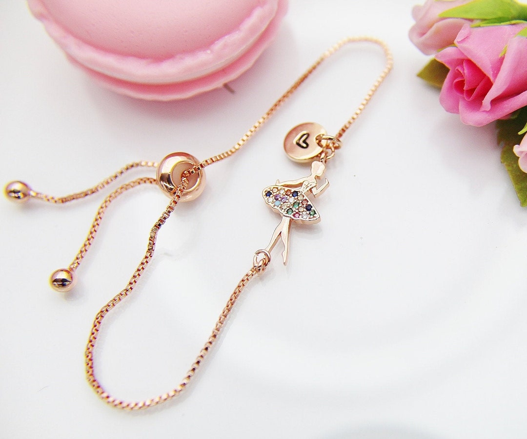 Rose Gold Ballet Bracelet, CZ Charm, Initial Bracelet - Etsy