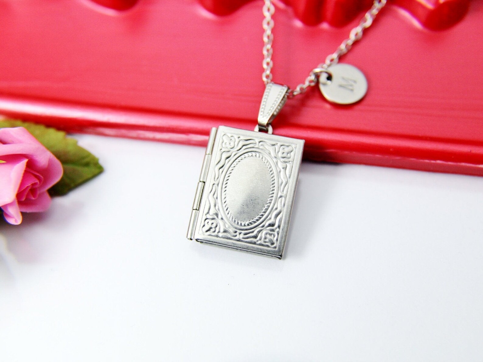 Silver Book Locket Charm Necklace Stainless Steel Chain - Etsy