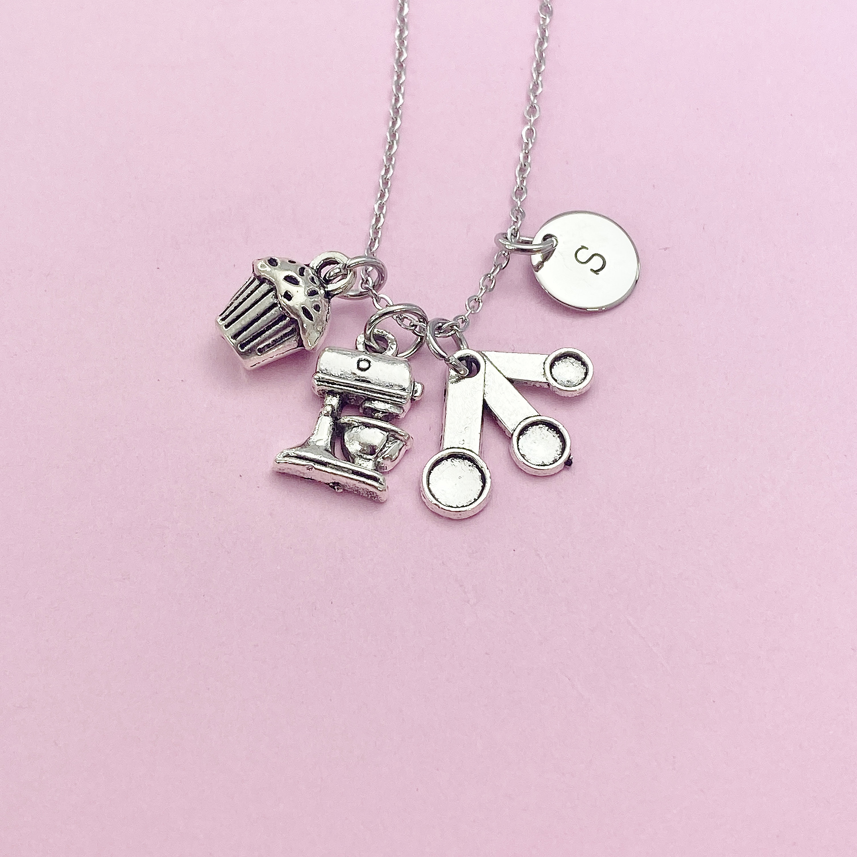 Silver Baker Necklace, Kitchen Mixer Measuring Cup Cupcake Muffin Charm ...
