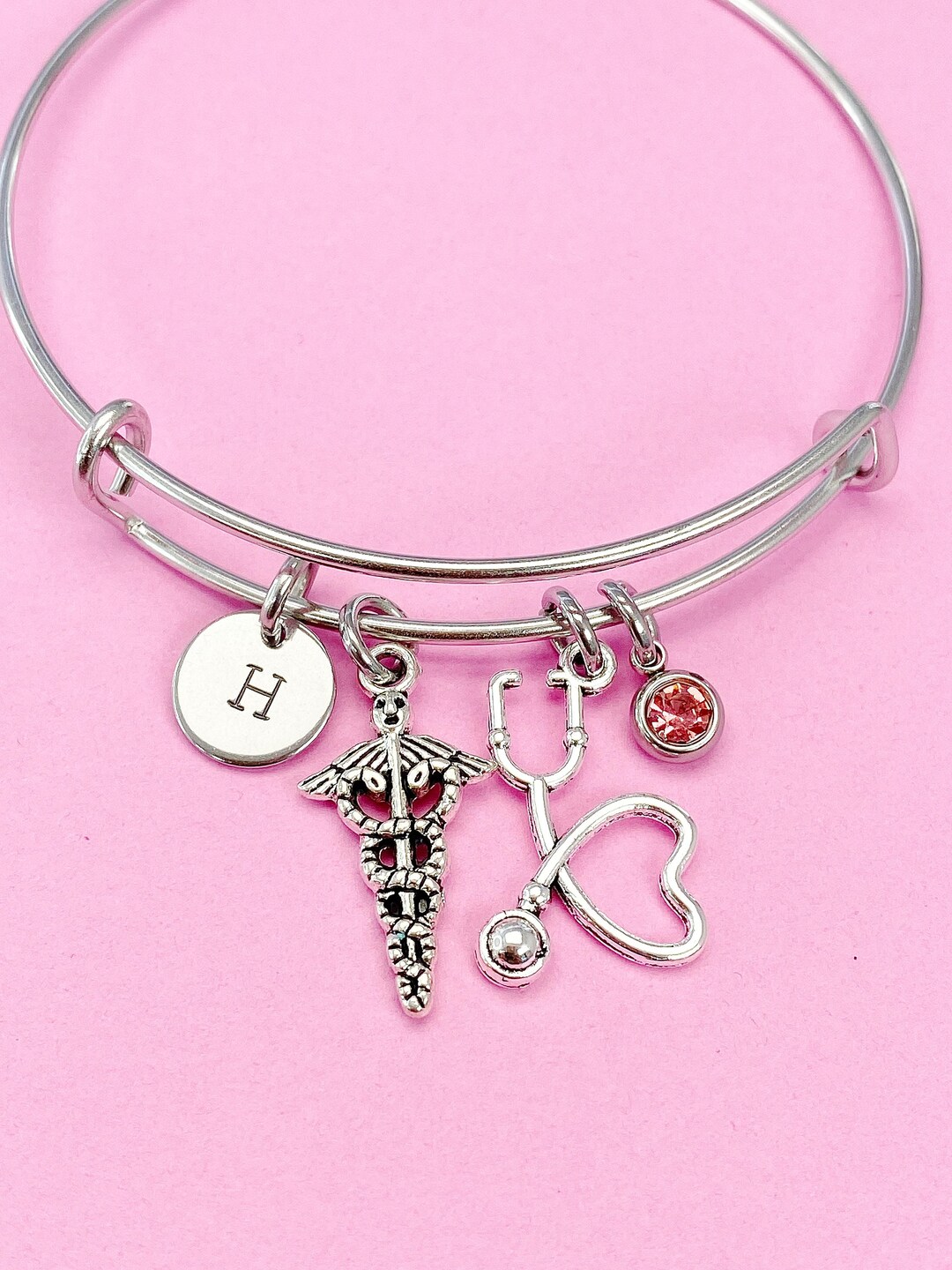 Silver Caduceus Stethoscope Charm Bracelet, Doctor Nurse Bracelet, Med ...