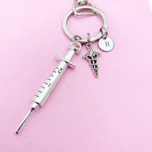 Medical Syringe Caduceus Keychain in Silver, Gifts for Medical School ...