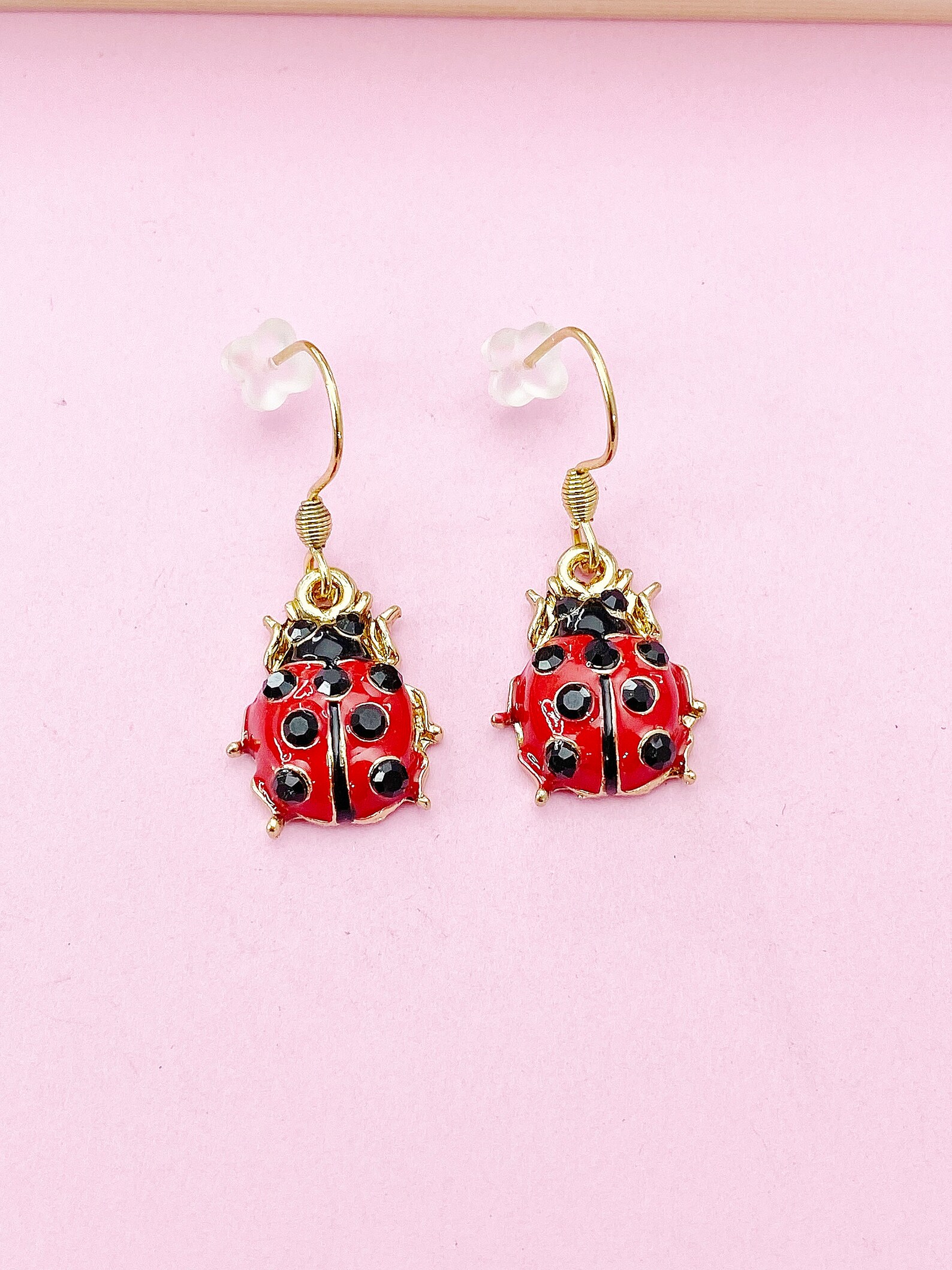 Gold Red Ladybug Earrings, Cute Red Black Ladybug Insect Dangle or ...