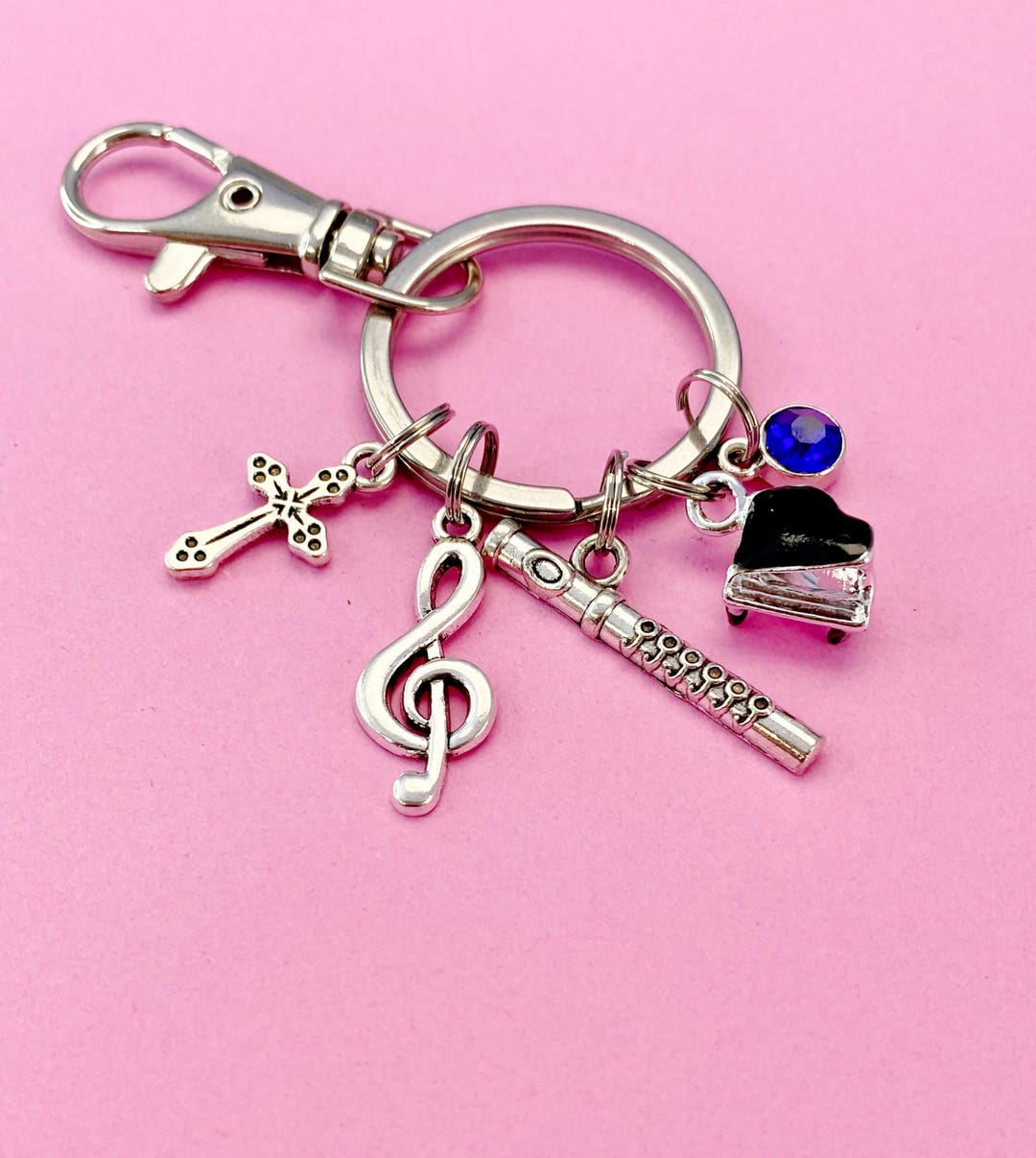 Musician Keychain, Silver Cross Grand Piano, Flute and a Treble Clef ...