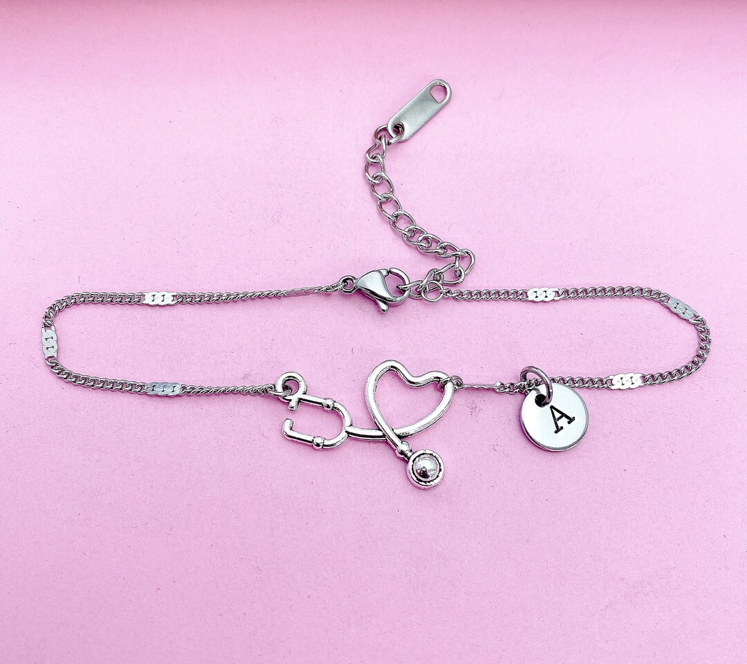 Stethoscope Heart Bracelet, Personalized Initial Charm, Medical Gift - Etsy