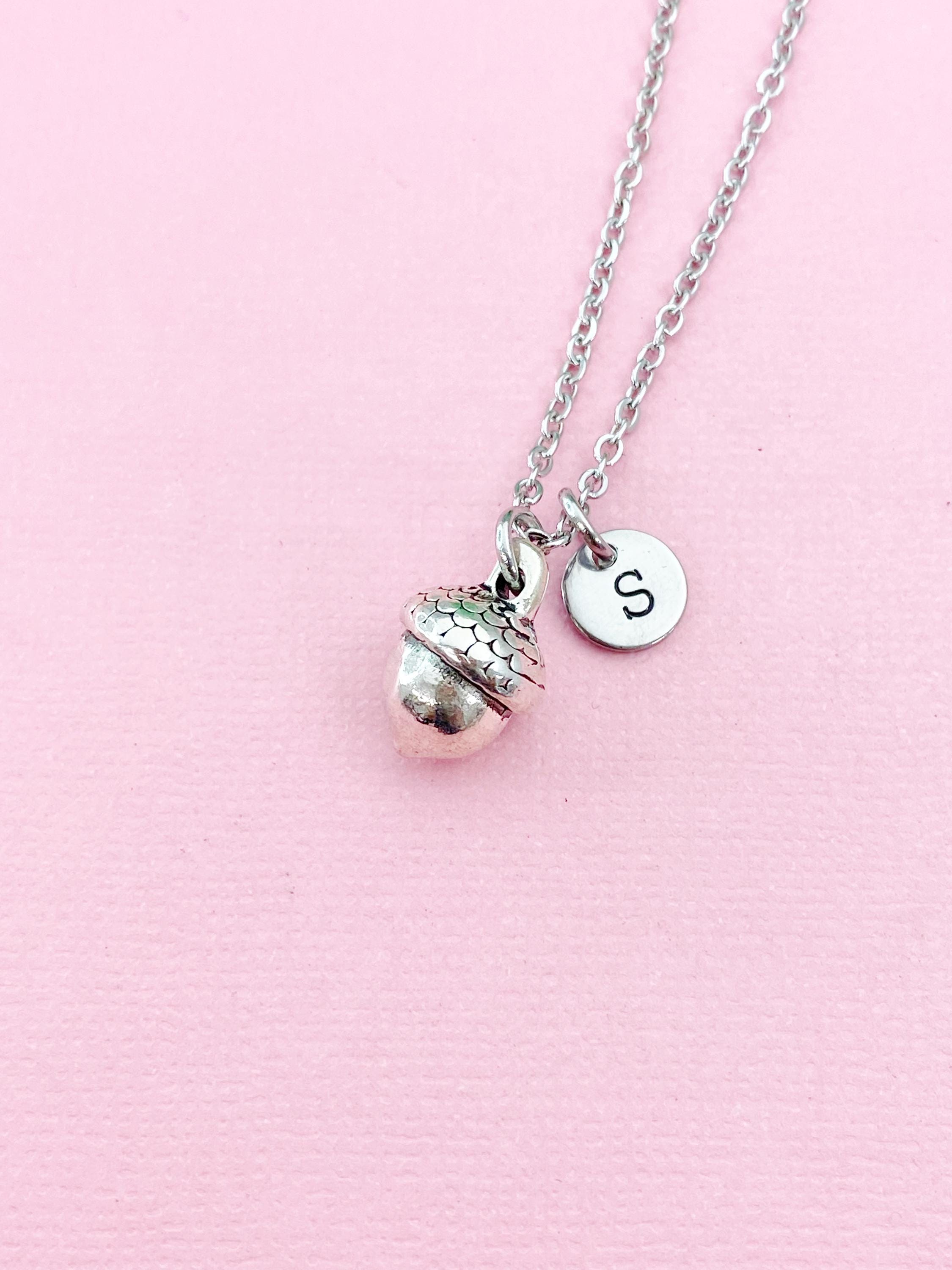 Silver Acorn Charm Necklace, Initial Pendant, Stainless Steel Chain - Etsy