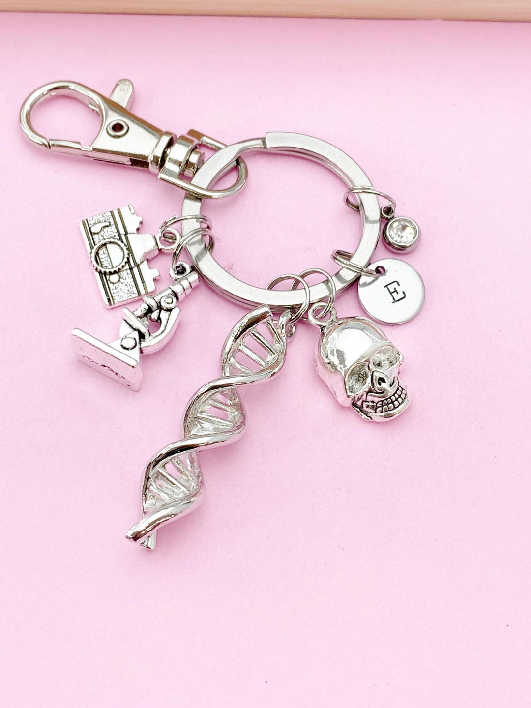 Silver DNA Microscope Skull Camera Charm Keychain, Forensic Science ...