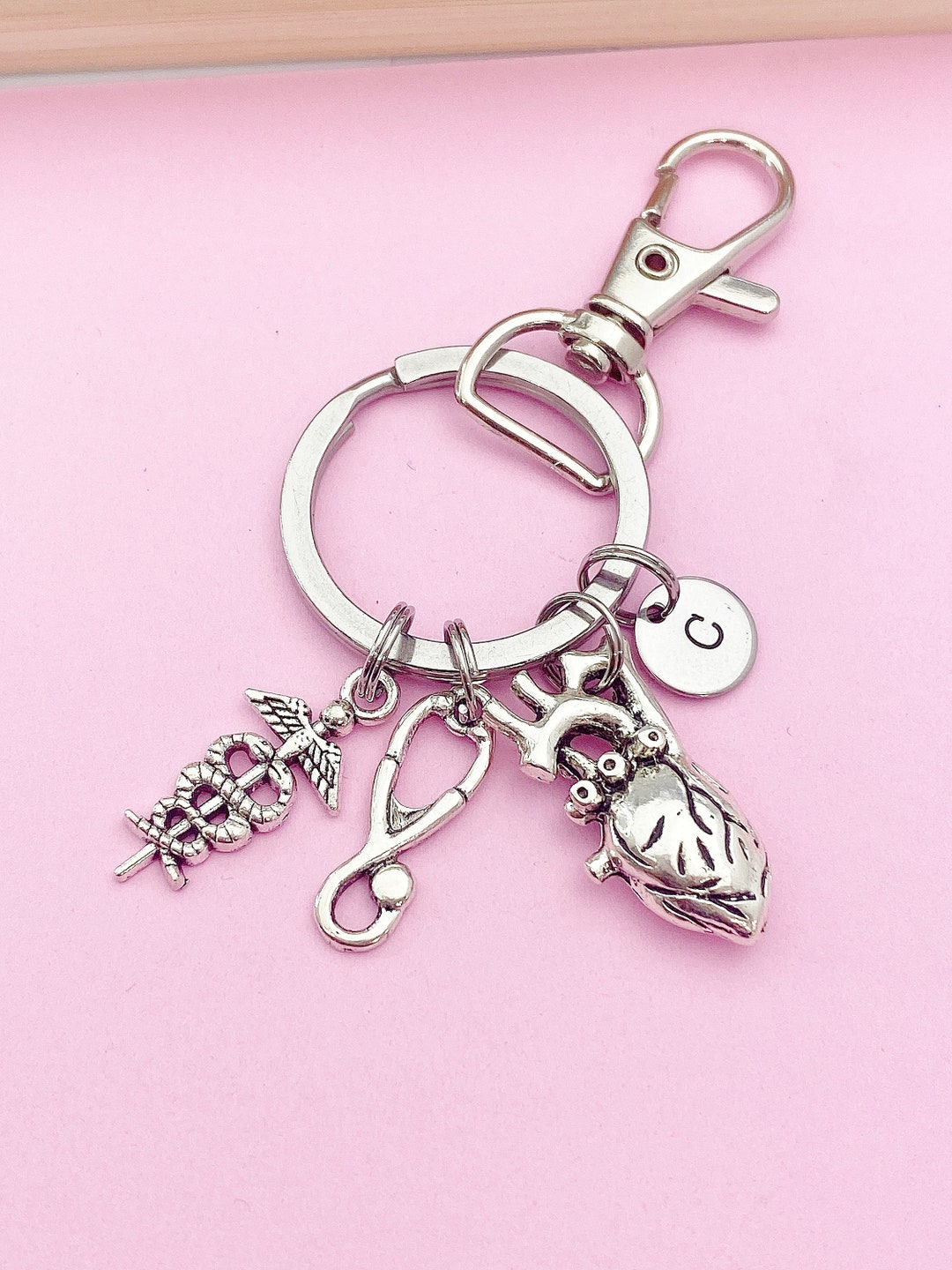 Silver Anatomy Heart Stethoscope Caduceus Charm Keychain Medical School ...