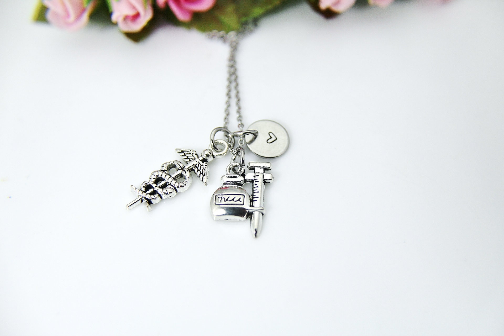 Silver Caduceus Charm Medical Syringe Charm Necklace Caduceus - Etsy