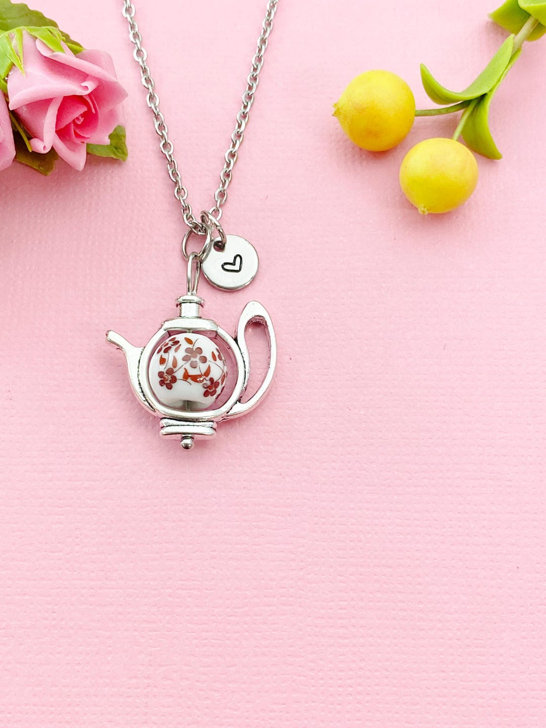 Teapot Porcelain Orange Flower Charm Silver Necklace, N6070I - Etsy