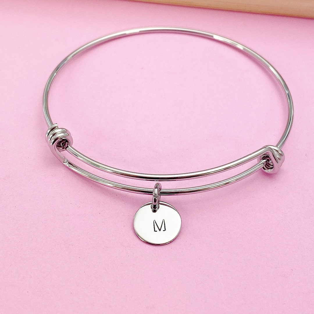 Initial Stainless Steel Bangle Bracelet, Personalized Charm - Etsy
