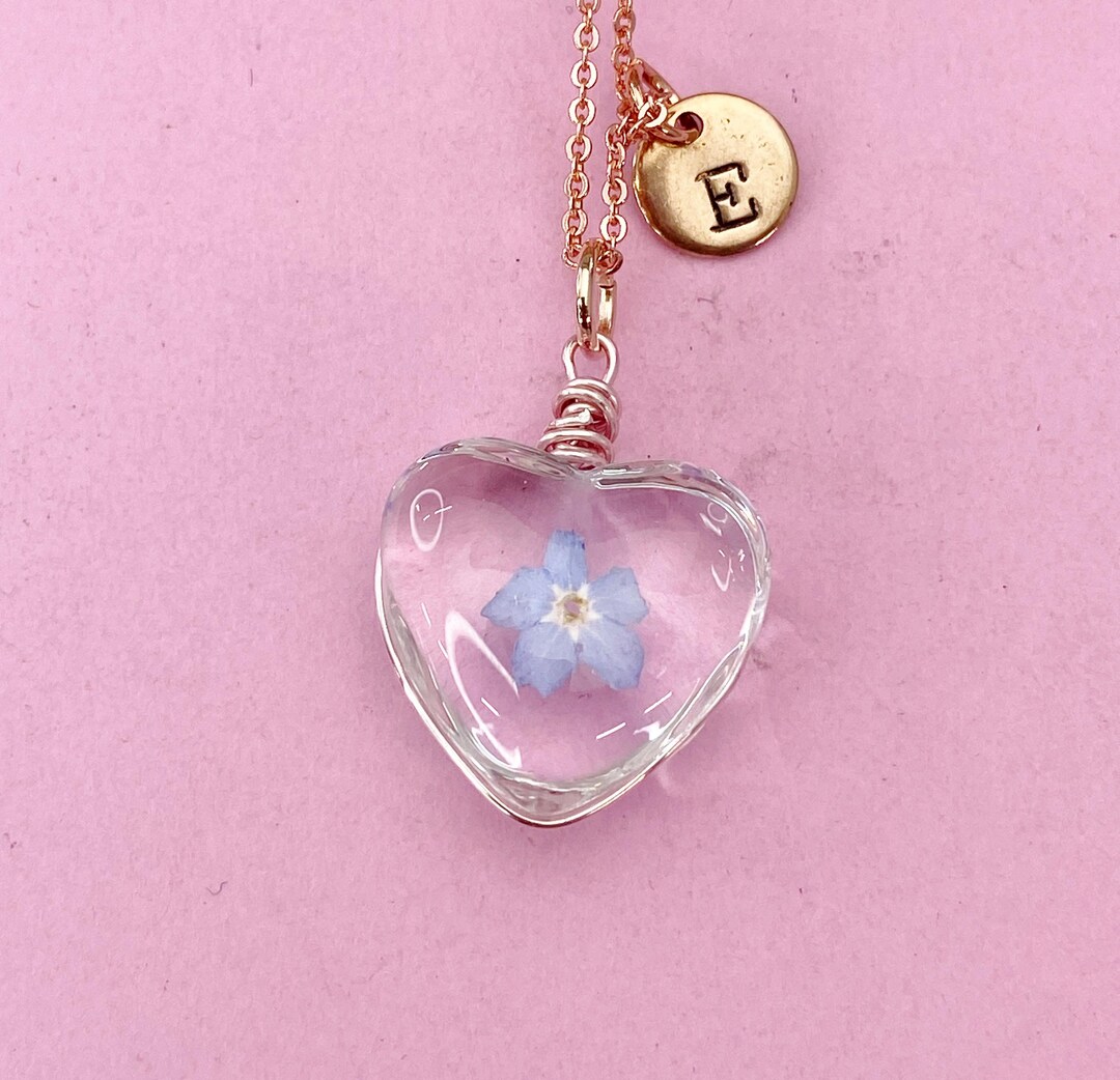 Gold Forget Me Not Real Press Flower Heart Charm Necklace, Wish Gifts ...