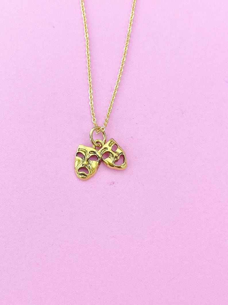 Gold Theater Mask Charm Necklace, Drama Necklace, Drama Comedy Charm ...