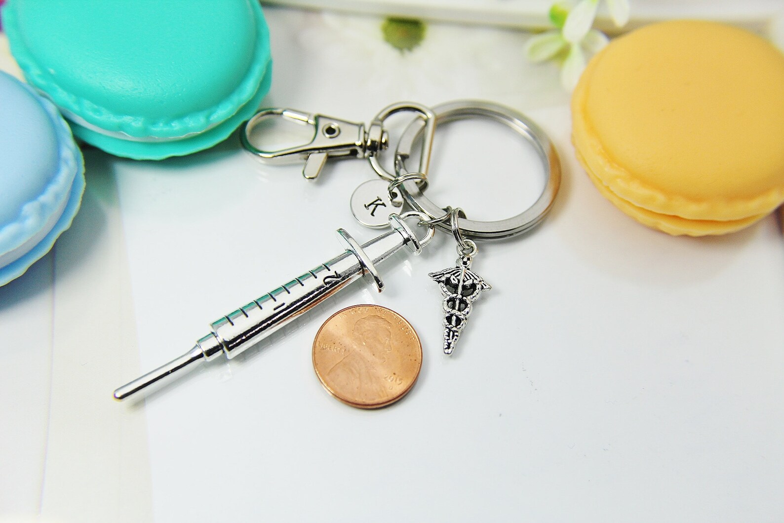 Silver Medical Syringe Caduceus Charm Keychain Best Birthday | Etsy