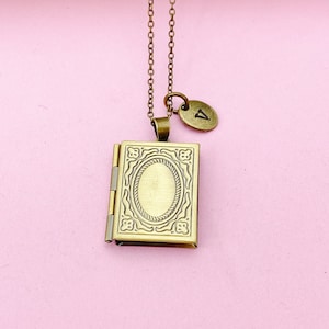 Bronze Miniature Book Locket Necklace, Initial Charm, Personalized Gift ...