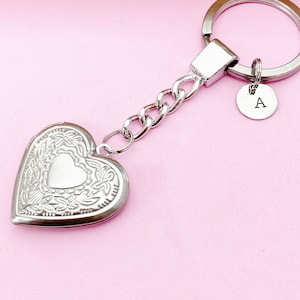 Silver Heart Locket Keychain, Initial Charm, Photo Keepsake - Etsy