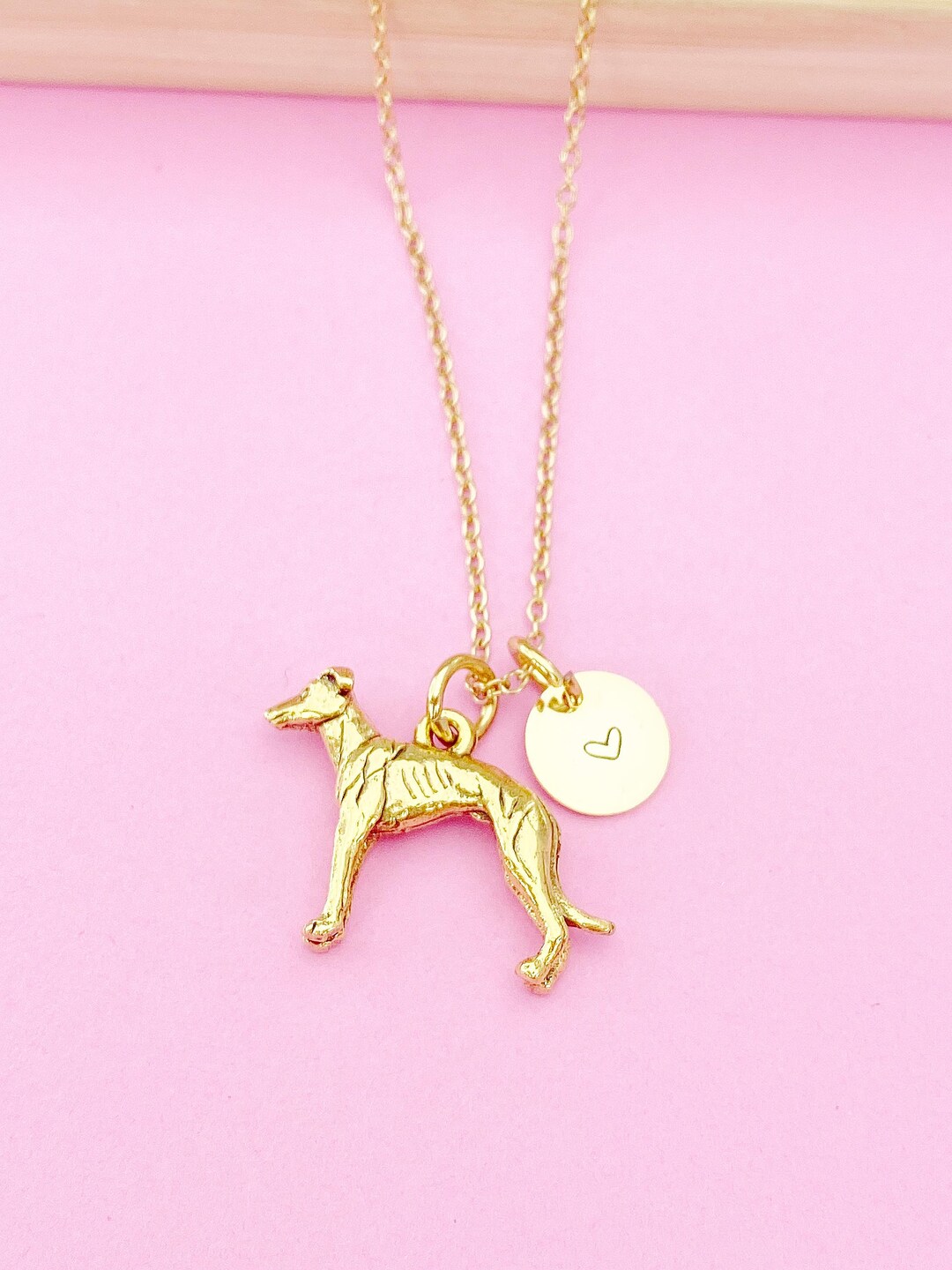 Gold Greyhound Charm Necklace, Personalized Initial Disc - Etsy