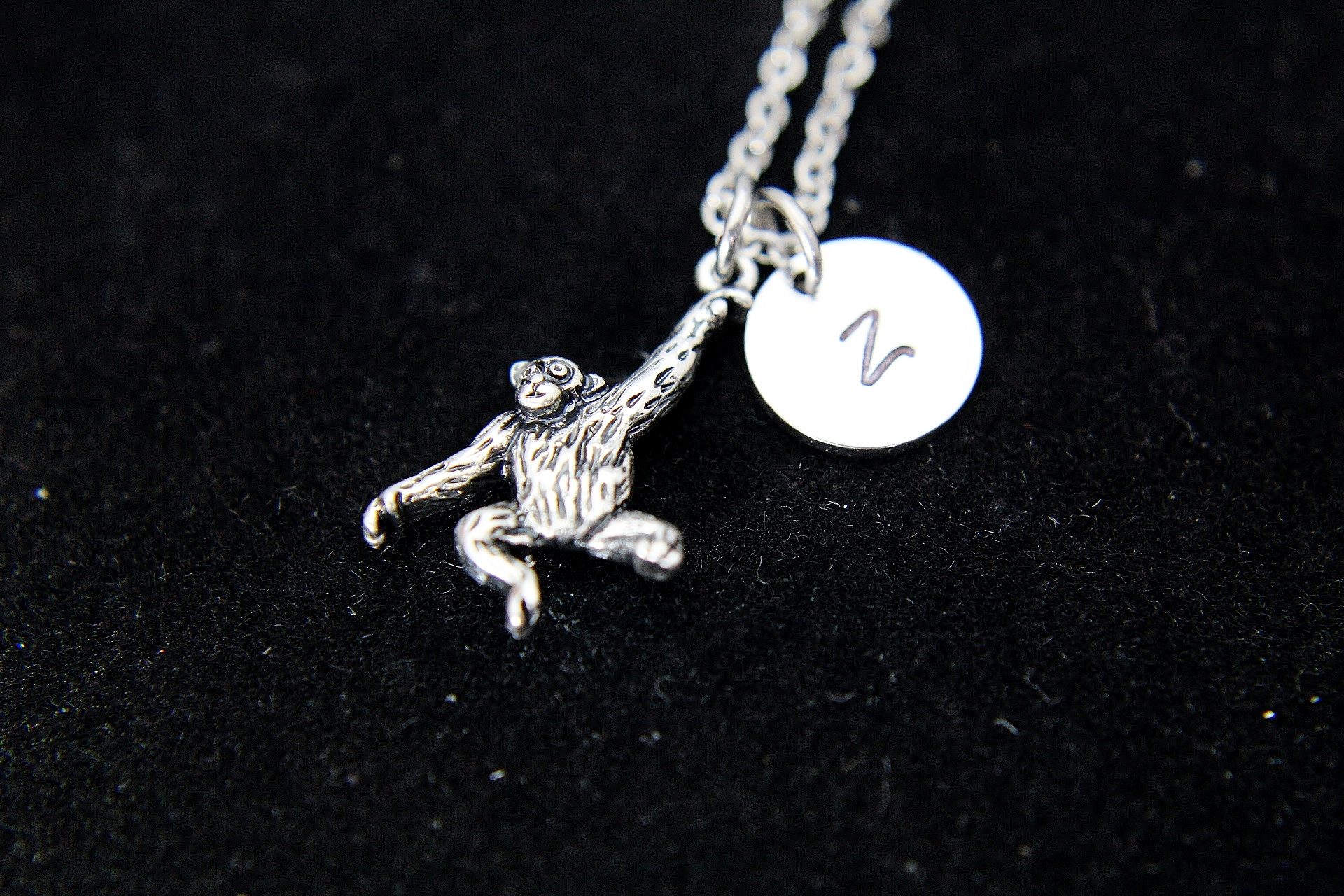 Silver Orangutan Monkey Charm and Initial Charm Necklace | Etsy