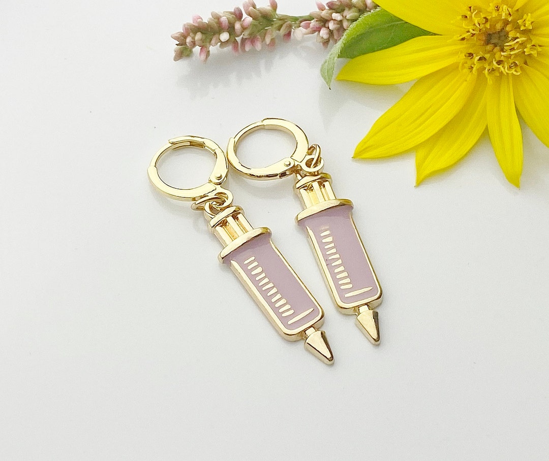 Gold Medical Syringe Charm Earrings, Injection Syringe Phlebotomy ...
