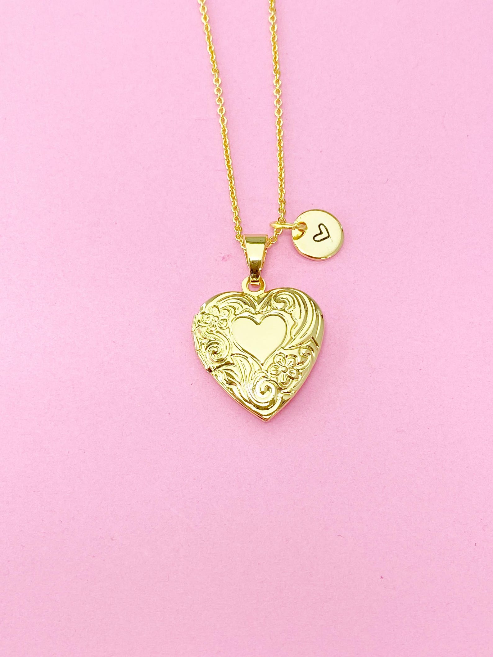 Gold Heart Locket Pendant Necklace, Love Heart, Keepsake Photo Frame ...