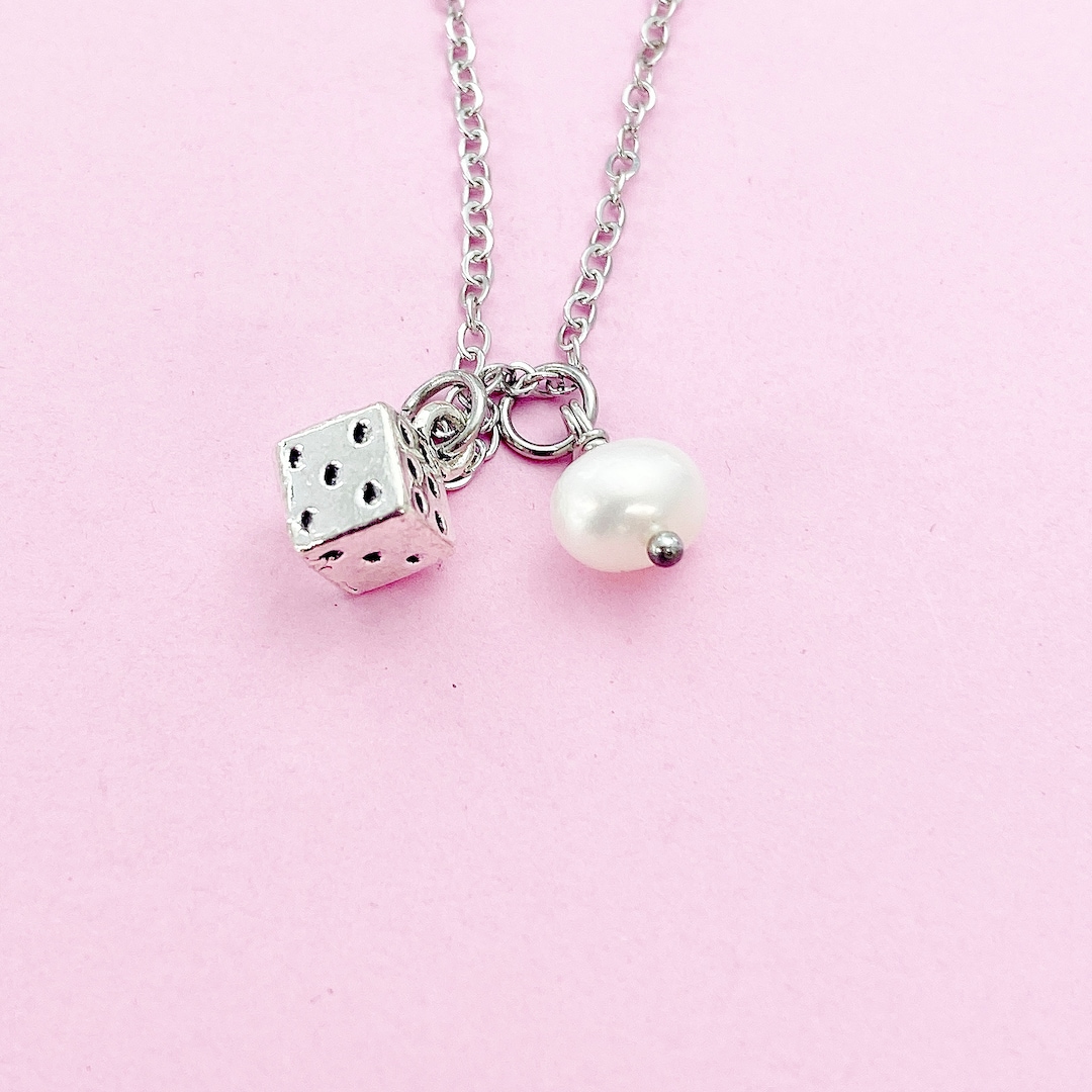 Silver Dice White Pearl Necklace Gift, Dice Charm, Birthstone Christmas ...