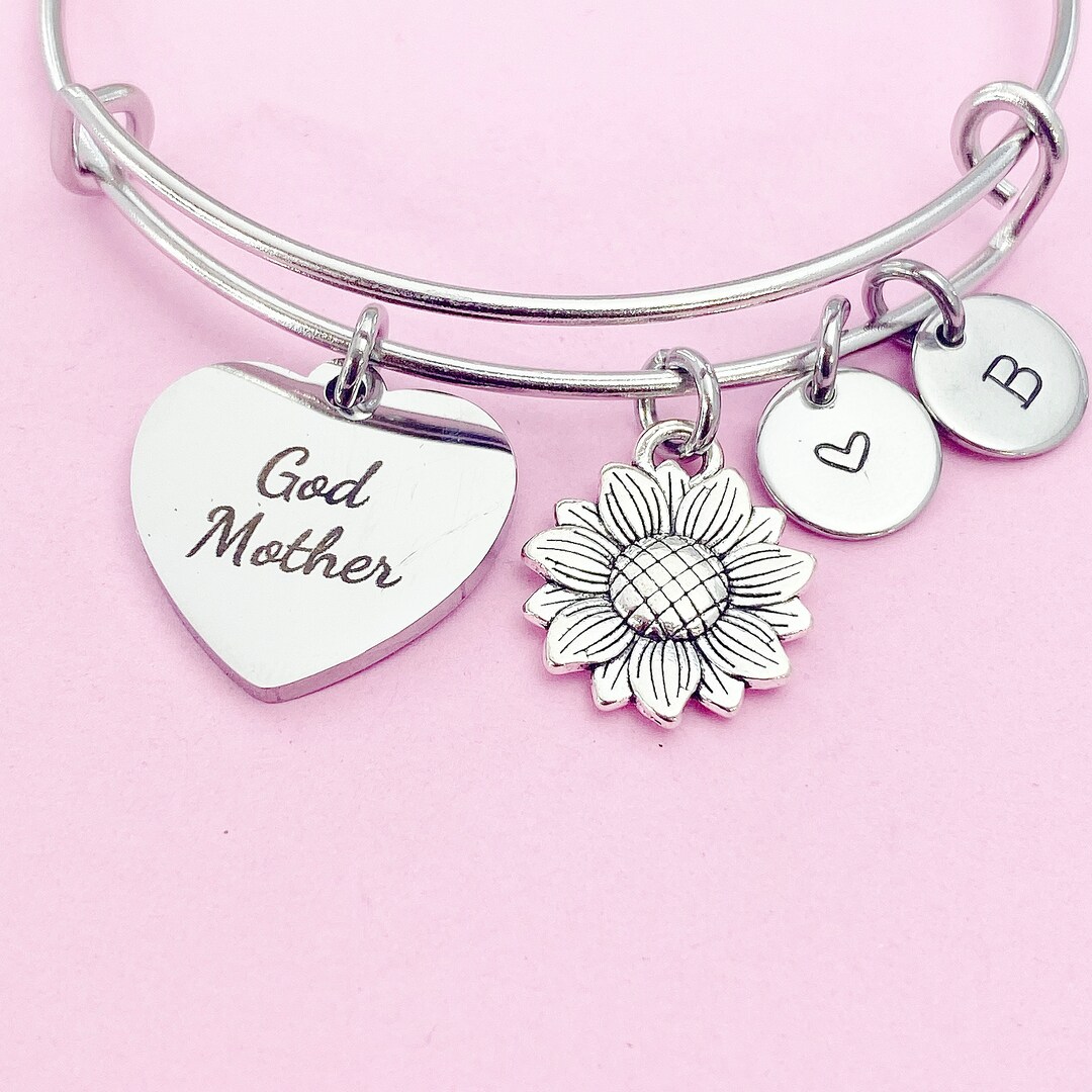 Godmother Sunflower Charm Bangle, Personalized Initial Bracelet - Etsy