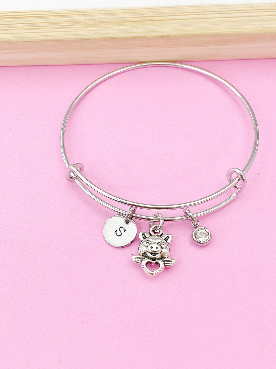 Silver Pig Charm Bracelet, Pig Wing Heart Charm Bangle, Angel Pig Charm ...