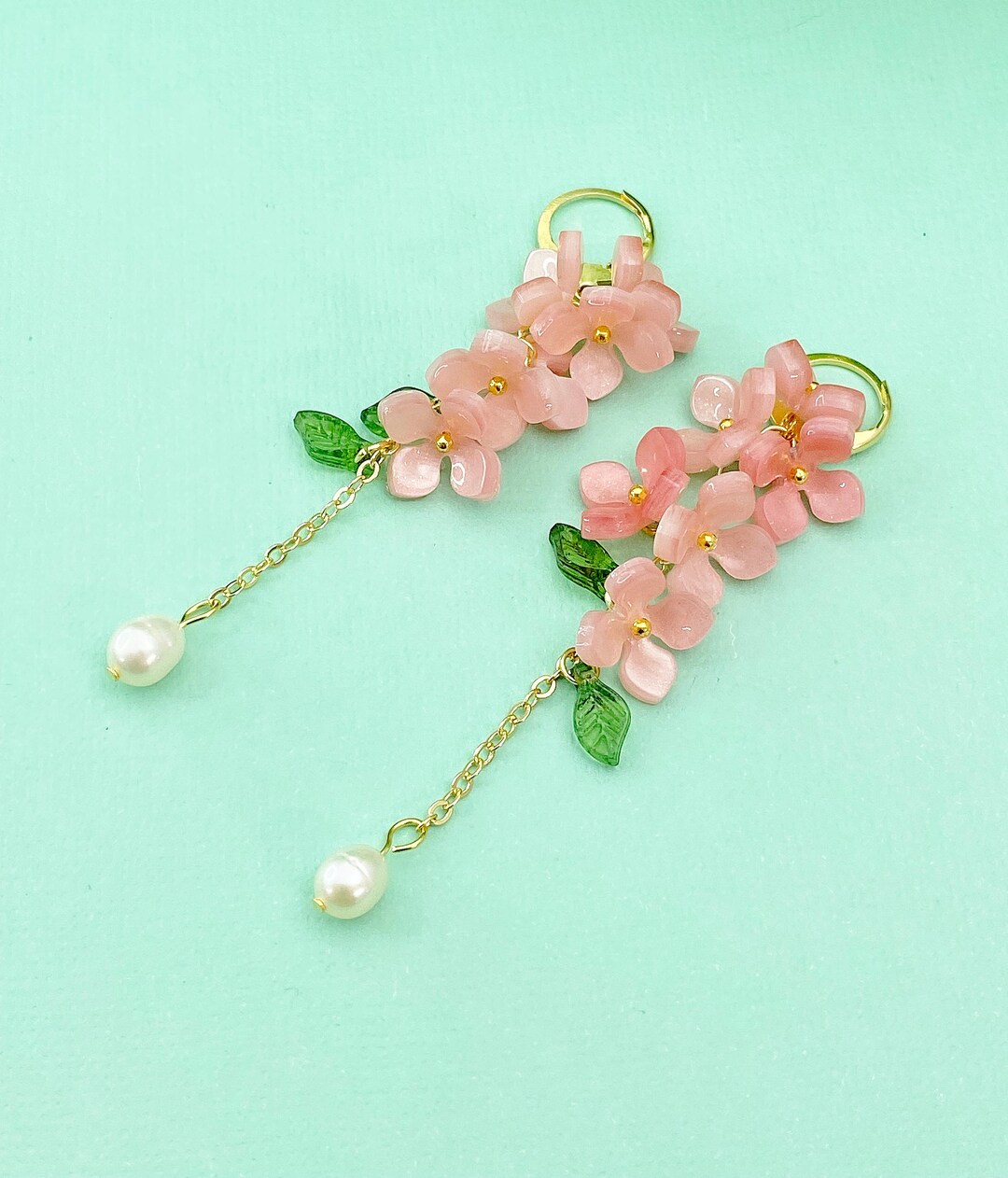 Gold Pink Sakura Flower Charm Earrings, Cherry Blossom, Shell Pearl ...