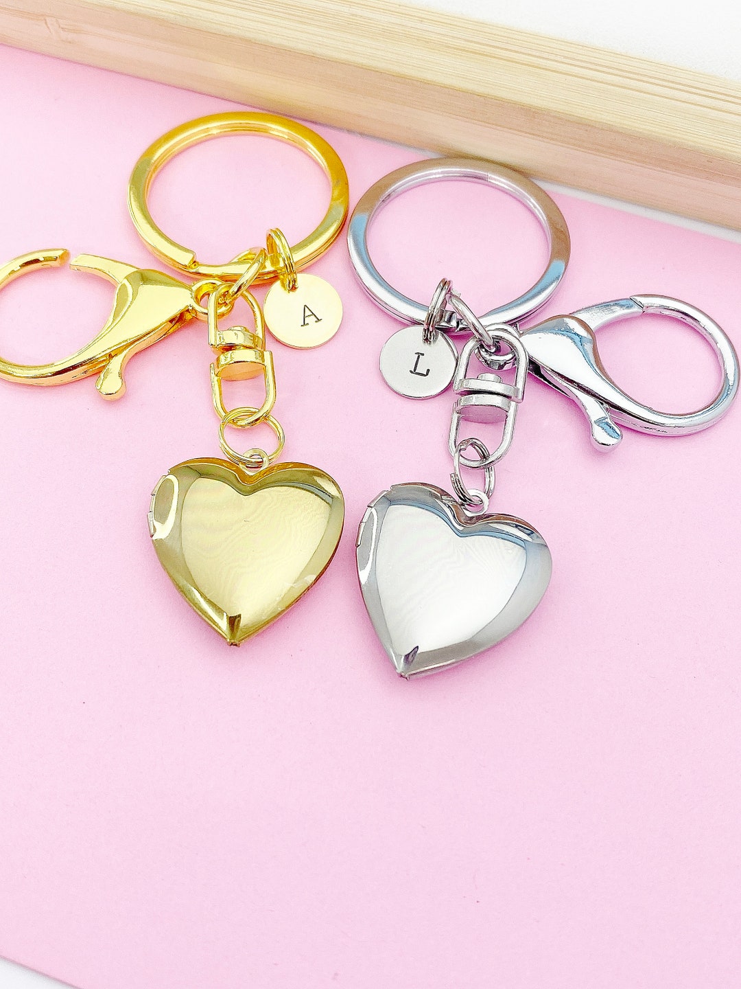 Gold or Silver Heart Locket Keychain Gift Ideas Personalized Customized ...
