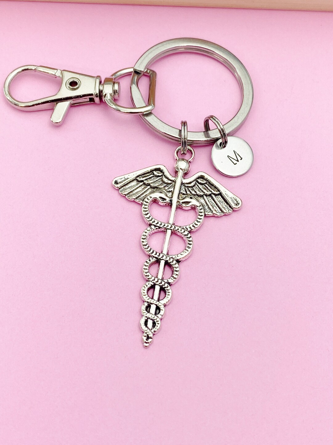 Silver Caduceus Medical Charm Keychain Gifts Idea Personalized ...