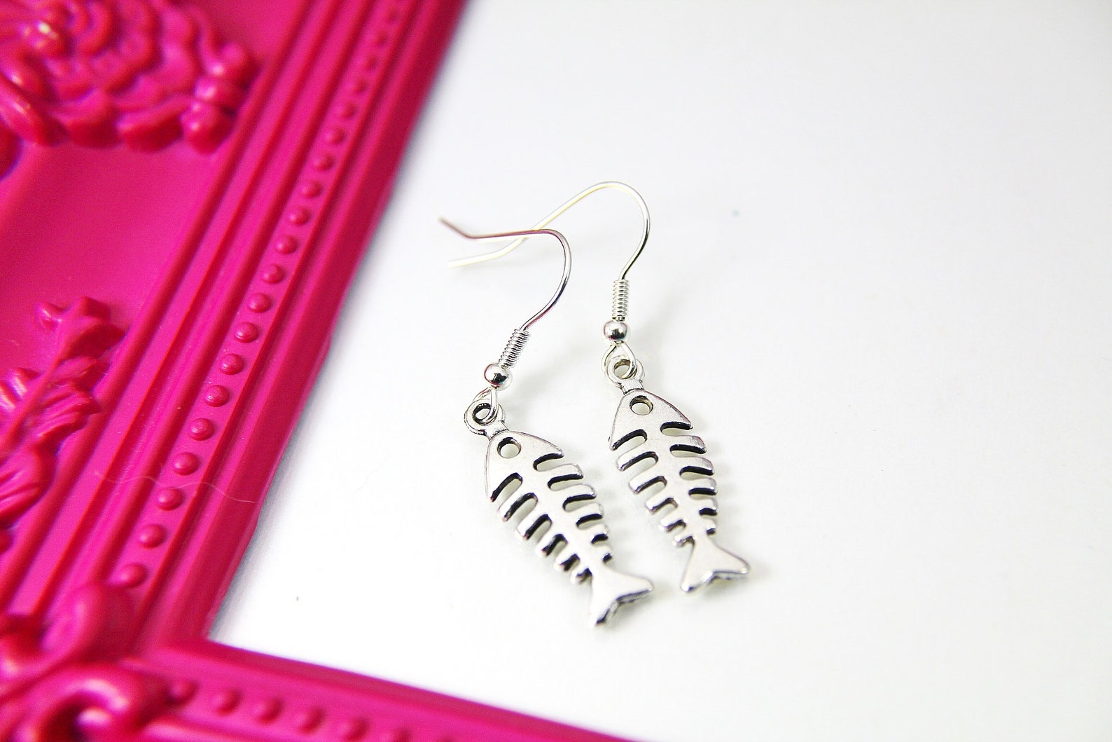 Silver Fishbone Charm Dangle Earrings Fish Bone Earrings | Etsy